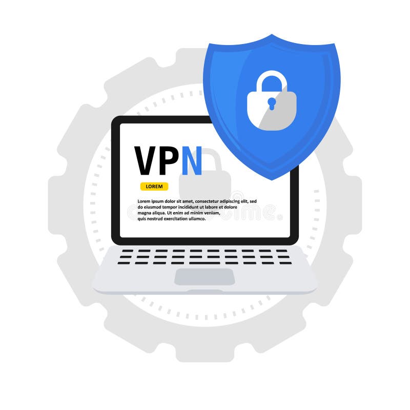 VPN System with Laptop in a Flat Design. VPN Laptop with Lock Shield ...