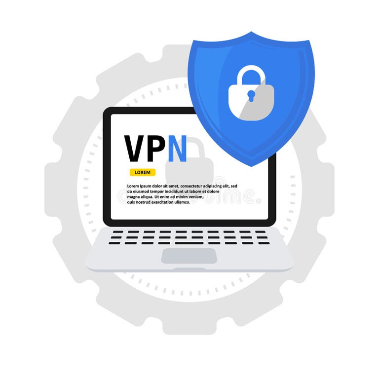 VPN System with Laptop in a Flat Design. VPN Laptop with Lock Shield ...