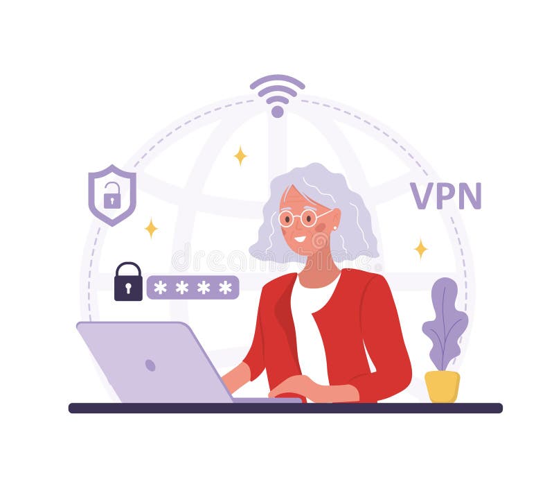 VPN Technology. Elderly Woman Using App for Protect Personal Data ...
