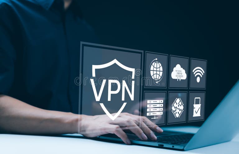 VPN Virtual Private Network Protocol Concept, a Person Using Laptop ...