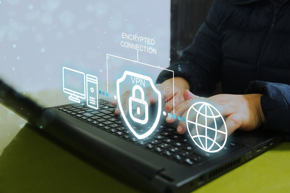 VPN Virtual Private Network Protocol Concept, Woman Hand Typing on ...