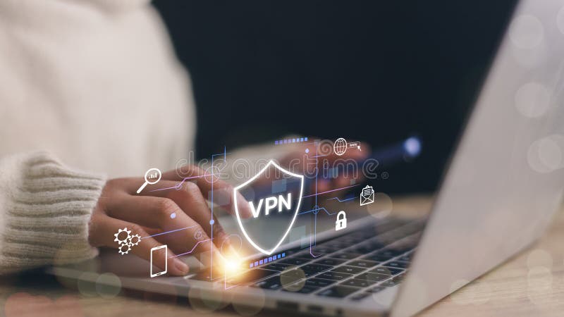 VPN Virtual Private Network Protocol Concept, Women Use a Laptop with a ... VPN Virtual Private Network Protocol Concept, Women Use a Laptop with a ...