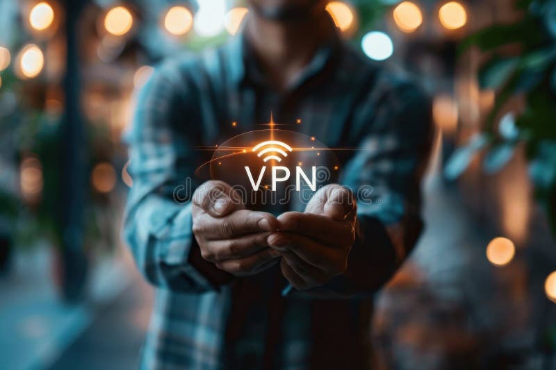 VPN Virtual Private Network Security Internet Tunneling Protocol Concept. Man Using VPN To ...