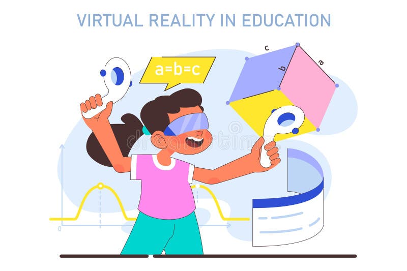 VR in Children Education. Little School Girl Gaining Knowledge with ...
