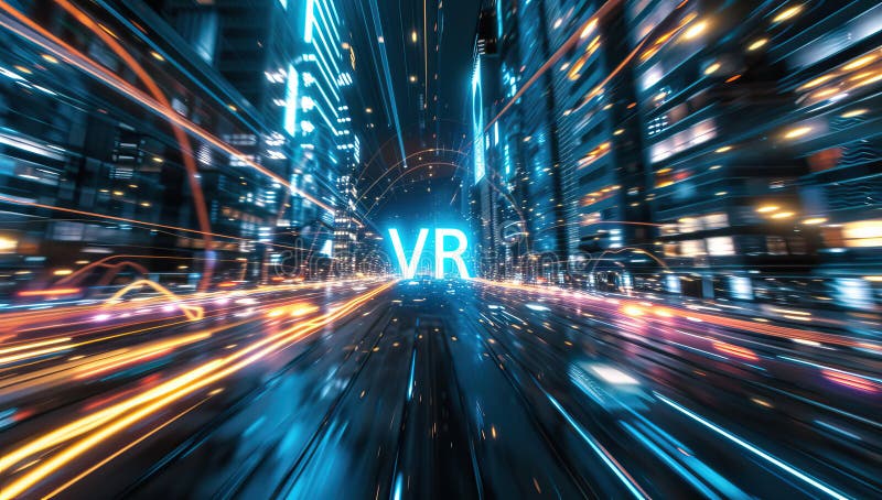 VR Code Illuminating a Futuristic Cityscape with Motion Blur Stock ...