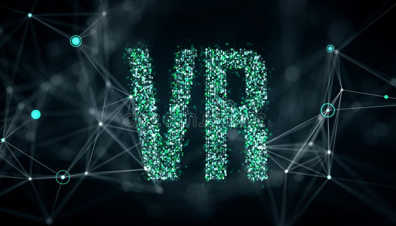 VR Concept with Glowing Pixelated Letters and Connected Network Lines ...