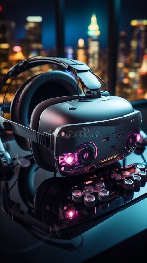 VR Device on Control Table Innovative Tech Setup Against a Backdrop of ...