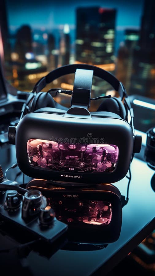 VR Device on Control Table Innovative Tech Setup Against a Backdrop of ...