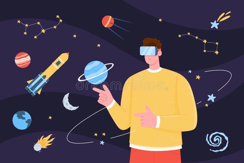 VR Digital Technology To Study Universe, Man in Virtual Reality Glasses ...