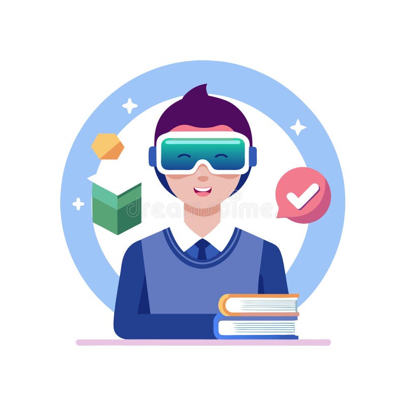 VR Education: Boy Learning with Virtual Reality Headset and Books ...