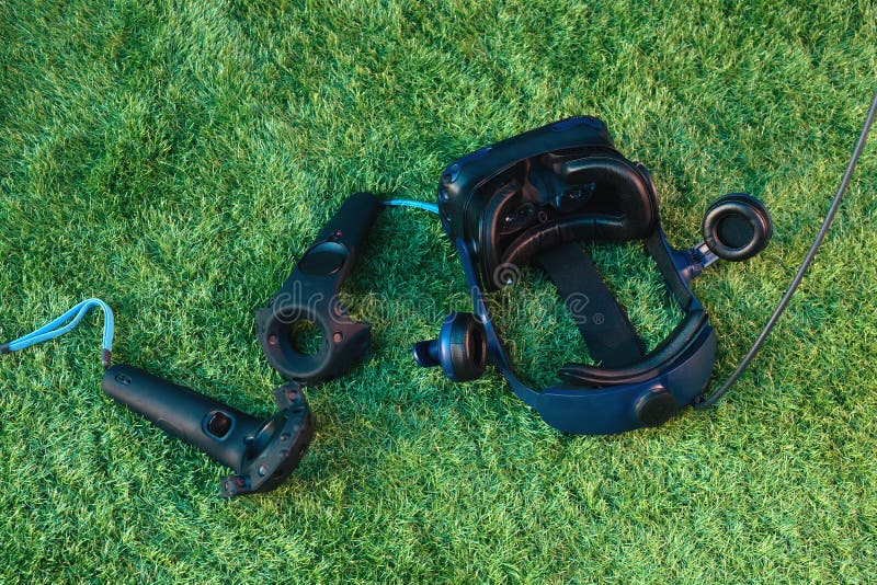 VR Equipment Set Presented on Green Background Goggles, Scanners, Two ...