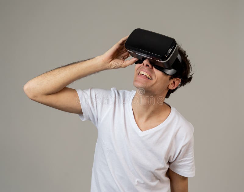 Portrait of Cheerful and Shocked Young Man Wearing 360 Virtual Reality ...
