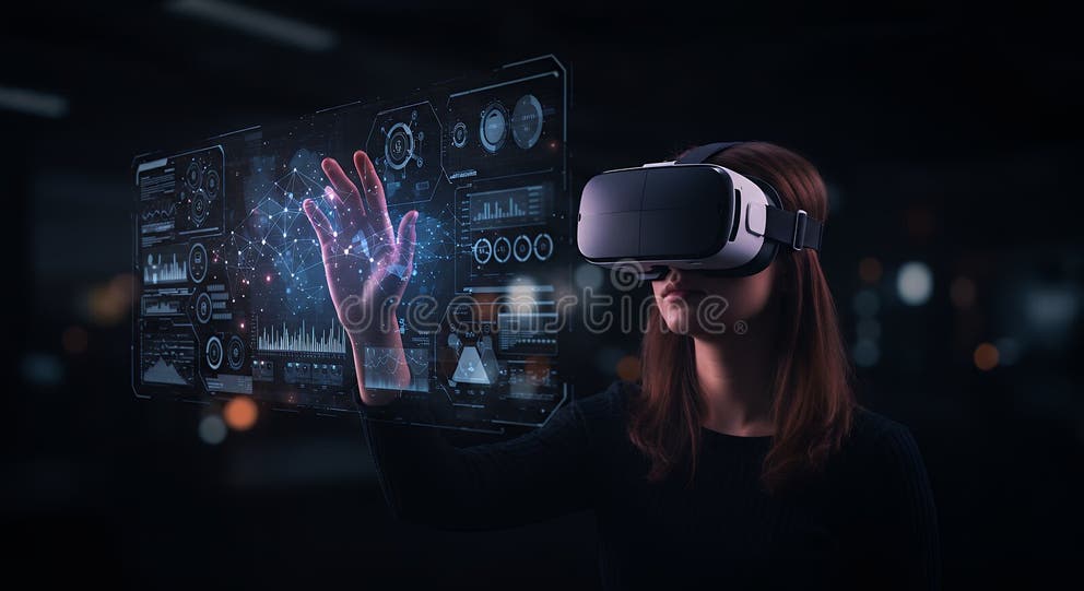 VR Future: Woman Immersed in Virtual Reality Data Interface, Exploring ...