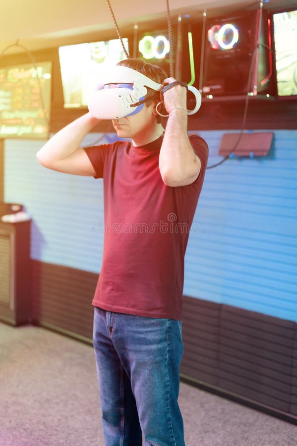 Vr Game and Virtual Reality. Man Gamer Fun Playing on Futuristic ...