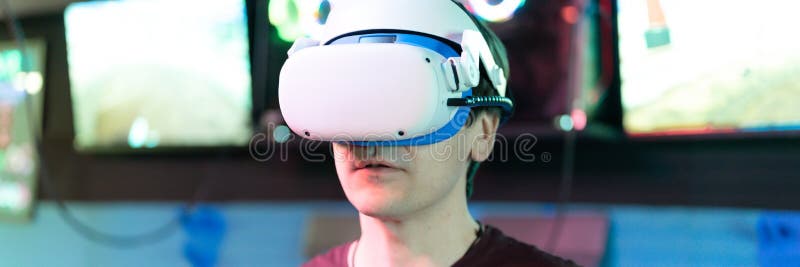 Vr Game and Virtual Reality. Man Gamer Fun Playing on Futuristic ...