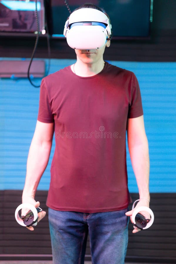 Vr Game and Virtual Reality. Man Gamer Fun Playing on Futuristic ...
