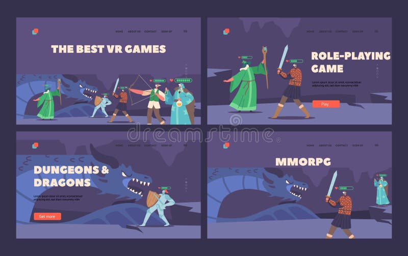 Vr Games Landing Page Template Set Characters Wearing Virtual Reality Headset And Fantasy