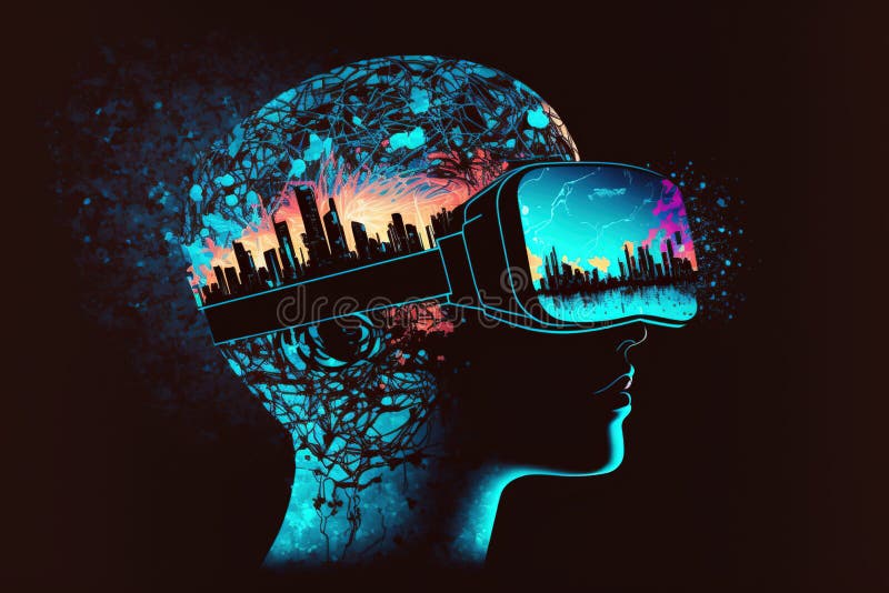 VR Goggle Headset Double Exposure Head Metaverse with Neon Light ...