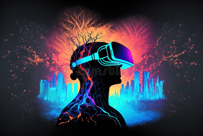 VR Goggle Headset Double Exposure Head Metaverse with Neon Light ...