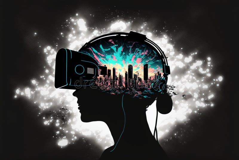 VR Goggle Headset Double Exposure Head Metaverse with Neon Light ...