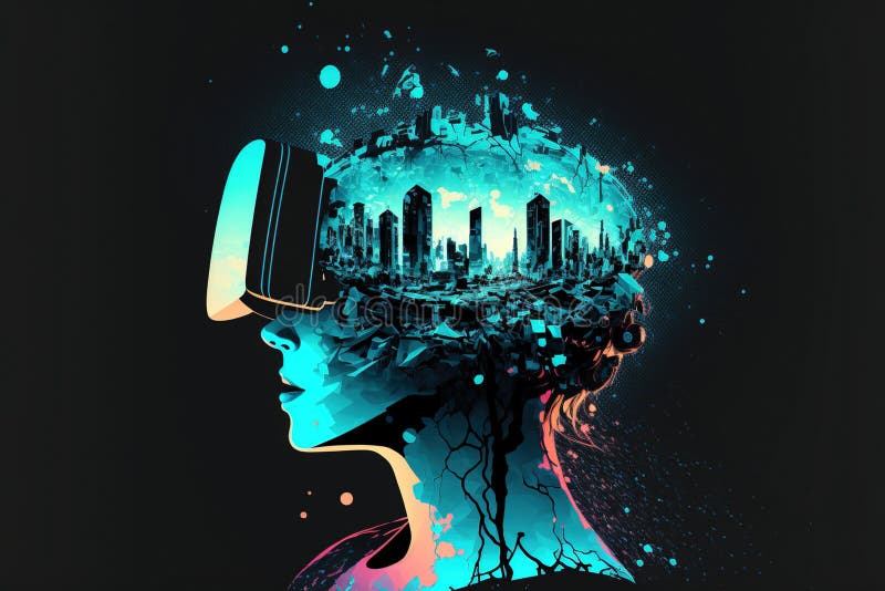 VR Goggle Headset Double Exposure Head Metaverse with Neon Light ...