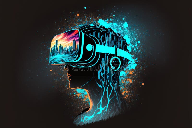 VR Goggle Headset Double Exposure Head Metaverse with Neon Light ...