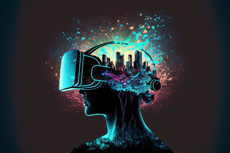 VR Goggle Headset Double Exposure Head Metaverse with Neon Light ...