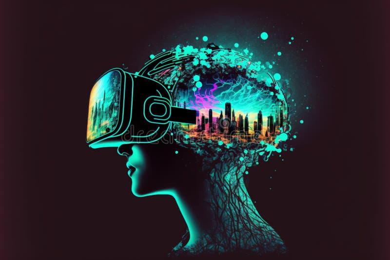 VR Goggle Headset Double Exposure Head Metaverse with Neon Light ...