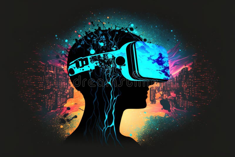 VR Goggle Headset Double Exposure Head Metaverse with Neon Light ...