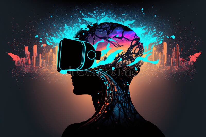 VR Goggle Headset Double Exposure Head Metaverse with Neon Light ...