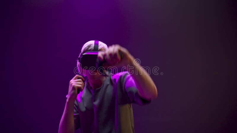 VR Goggles Guy Playing Immersive Virtual Reality Game Alone. Metaverse ...