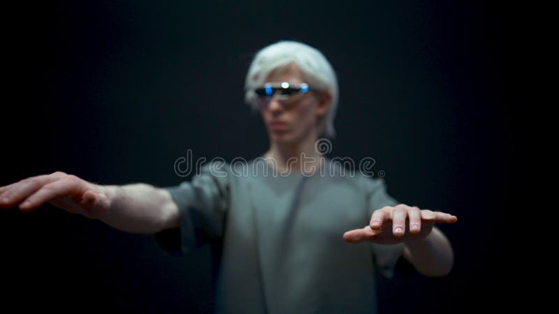 VR Goggles Man Moving Invisible Object. Male Involved in Interactive ...