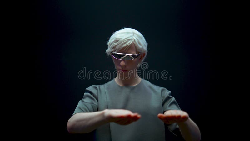 Vr Guy Exploring Augmented Reality Closeup. Focused Gamer in Futuristic ...