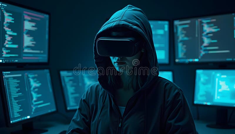 Vr Hacker Woman Coding in Dark Room with Multiple Screens Stock ...