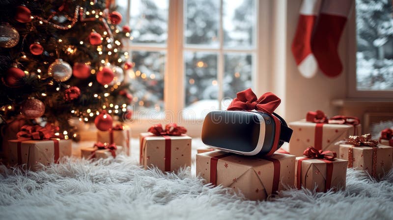 Vr Headset with Big Golden Bow Lying Near Stack Present Boxes Under ...