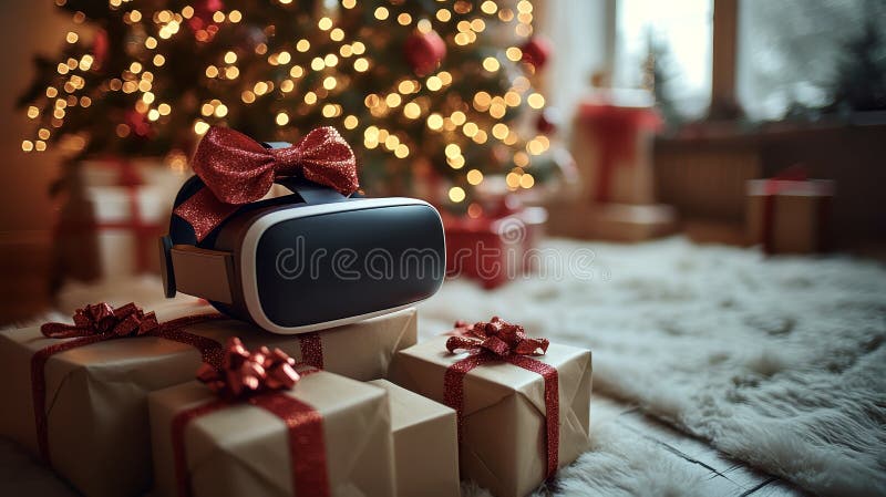 VR Headset with Red Bow Under Christmas Tree with Gifts Stock Photo ...