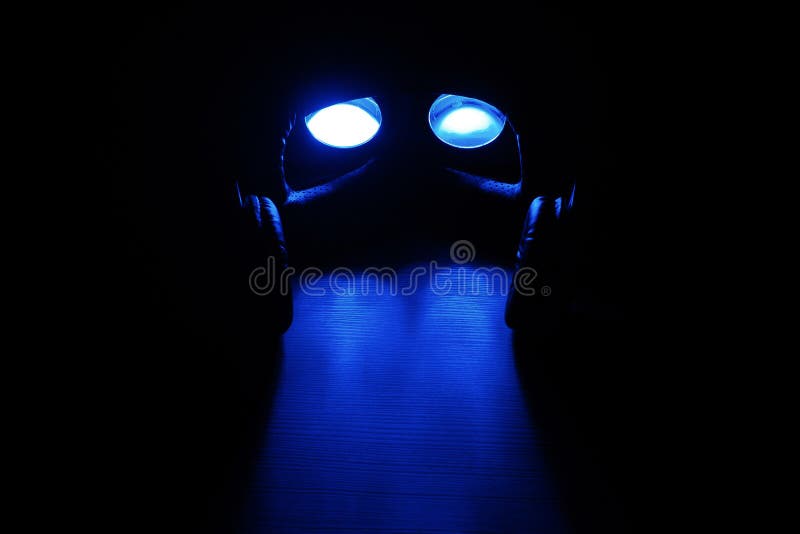 VR Headset with Blue Light Inside at Night. Stock Photo - Image of ...