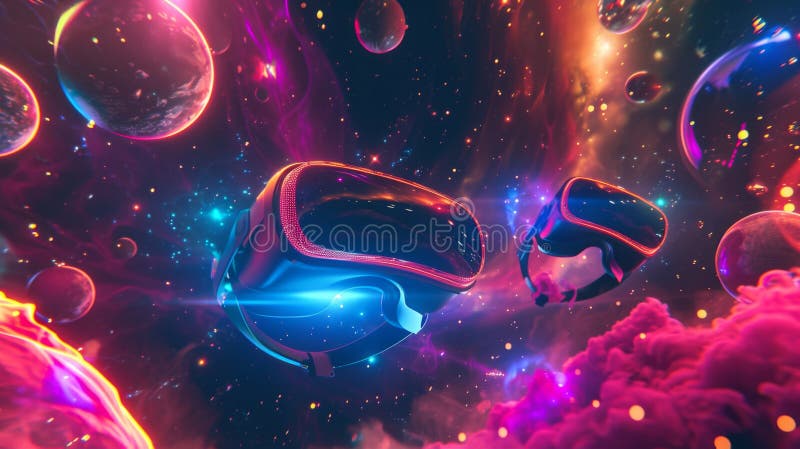 VR Headset in Cosmic Space Simulation. a VR Headset Floating in a ...