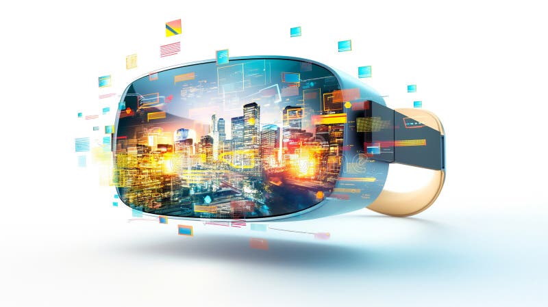 VR Headset Displaying a Vibrant Cityscape, Representing the Immersive ... VR Headset Displaying a Vibrant Cityscape, Representing the Immersive ...