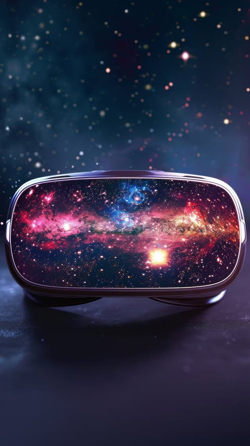 VR Headset Displaying a Vibrant Cosmic Scene. a Virtual Reality Headset ... VR Headset Displaying a Vibrant Cosmic Scene. a Virtual Reality Headset ...