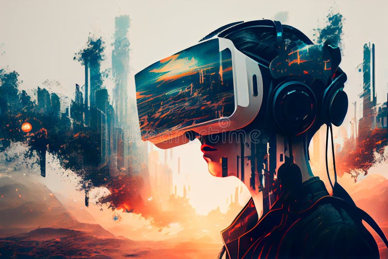 VR Headset, Double Exposure, Metaverse, Futuristic Virtual World, State ...
