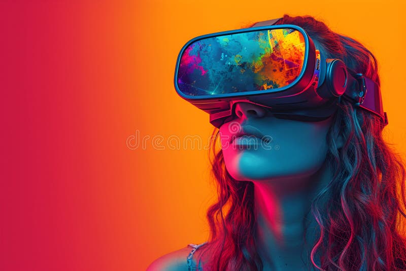 VR Headset on a Girl in Bright Colors with Copy Space. Stock Image ...