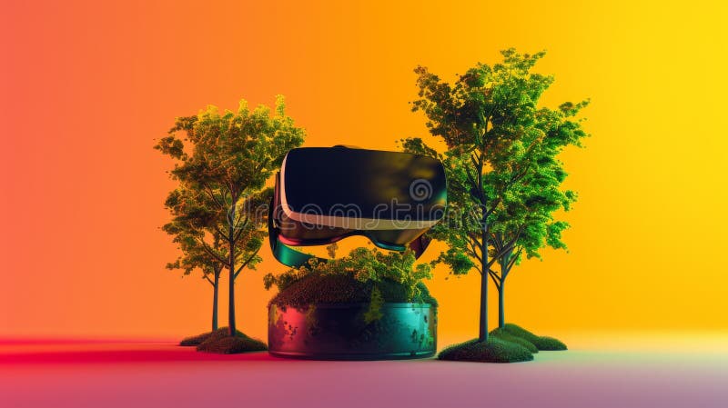 VR Headset Hovering Amidst Trees in Neon Hues Stock Image - Image of ...