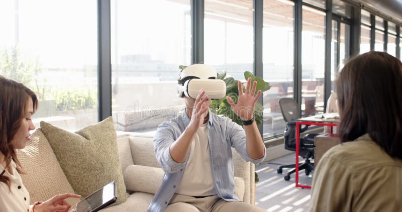 Vr Headset, Man Exploring Virtual Interior Design while Multiracial ...