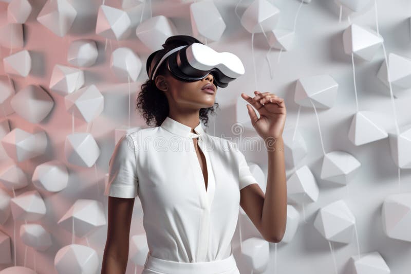 VR Headset on Model. Virtual Reality Interacting with Digital World. Ai ...