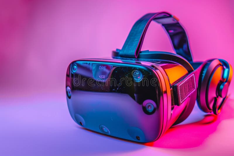 VR Headset with a Neon Pink Visor in a Digital Environment, Showcasing ...
