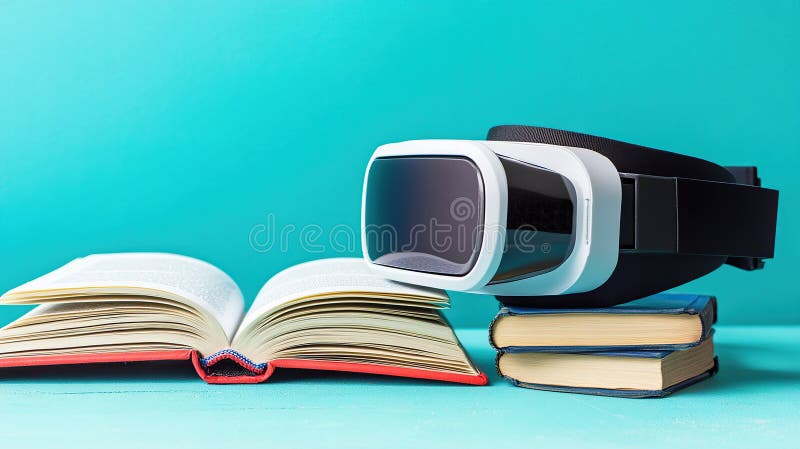 VR Headset and Open Book on Teal Background Stock Photo - Image of ...
