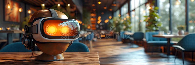 A VR Headset is Placed Against the Backdrop of a Restaurant with Space ...