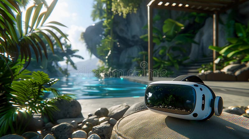 VR Headset by Poolside in Tropical Setting, Virtual Travel, Relaxation ...