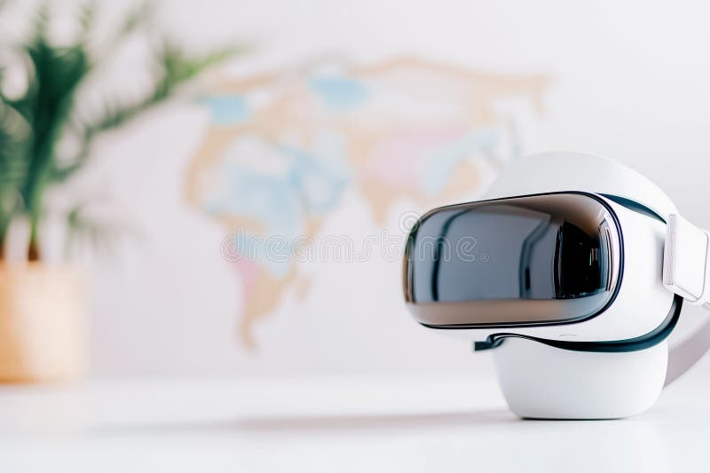 A VR Headset Sits Next To a Stylized Map on a White Table in a Bright ...